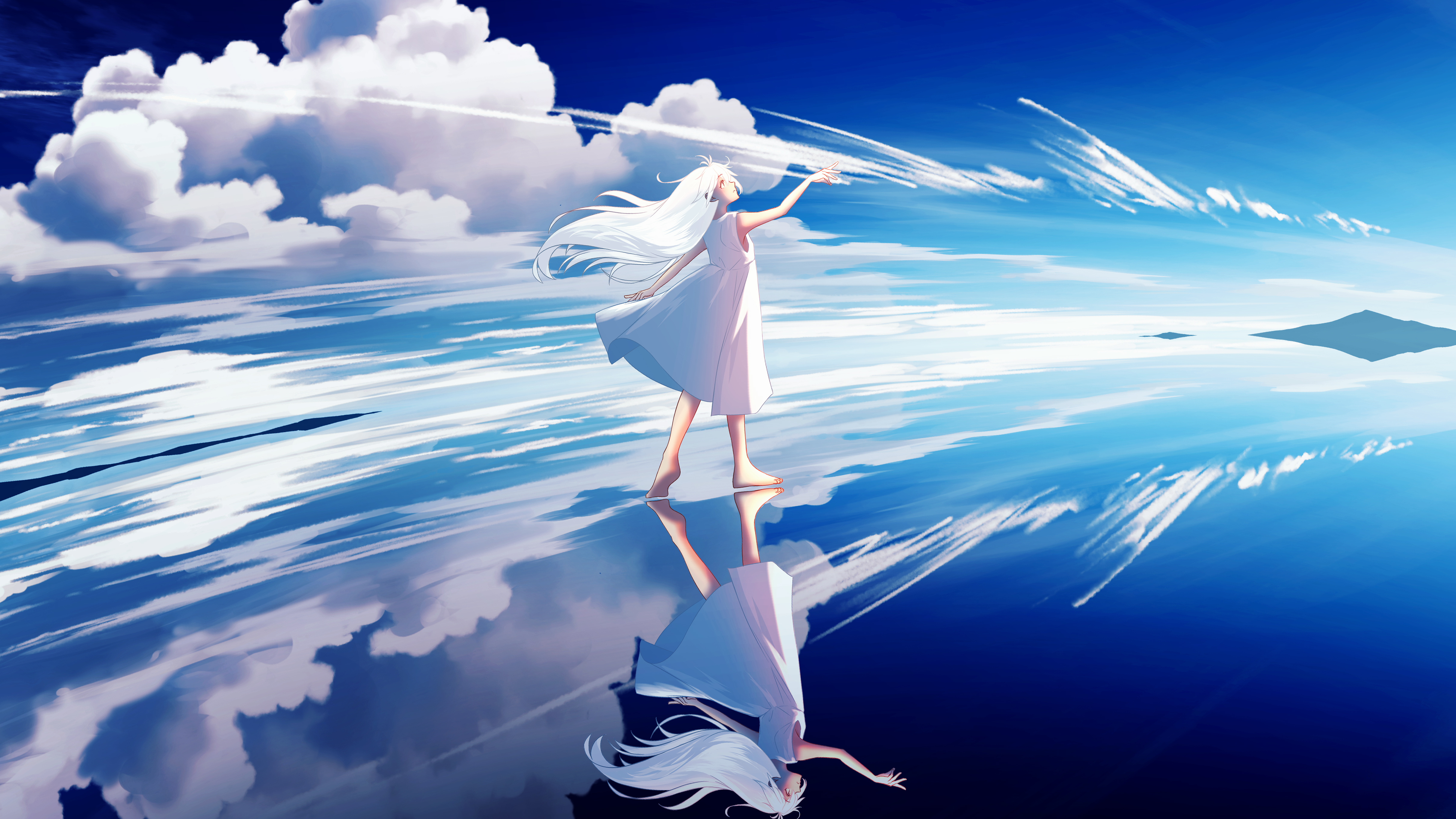Anime Girl Walking On Water Blue Sky Reflection 4k Wallpaper