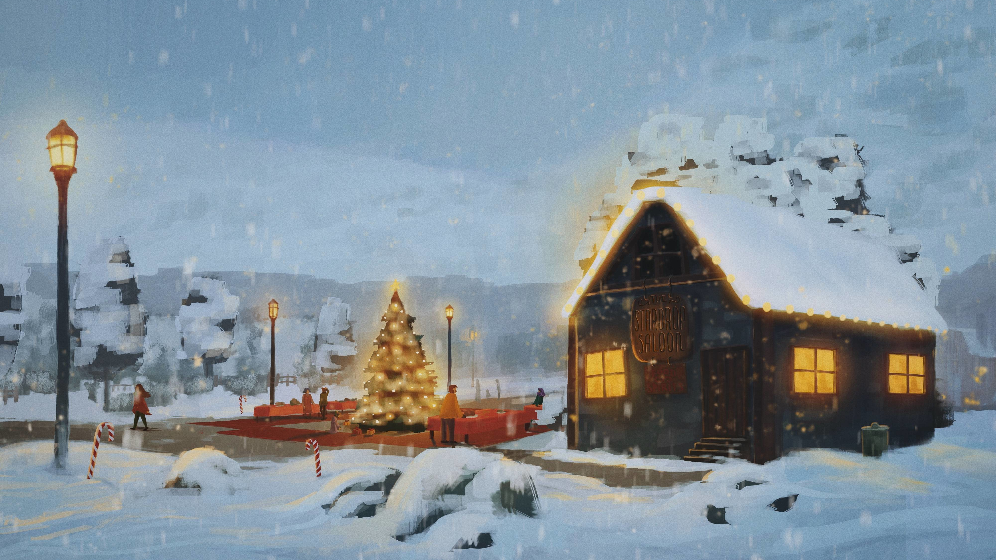 Stardew Valley Winter Christmas Village Artwork 4k Wallpaper