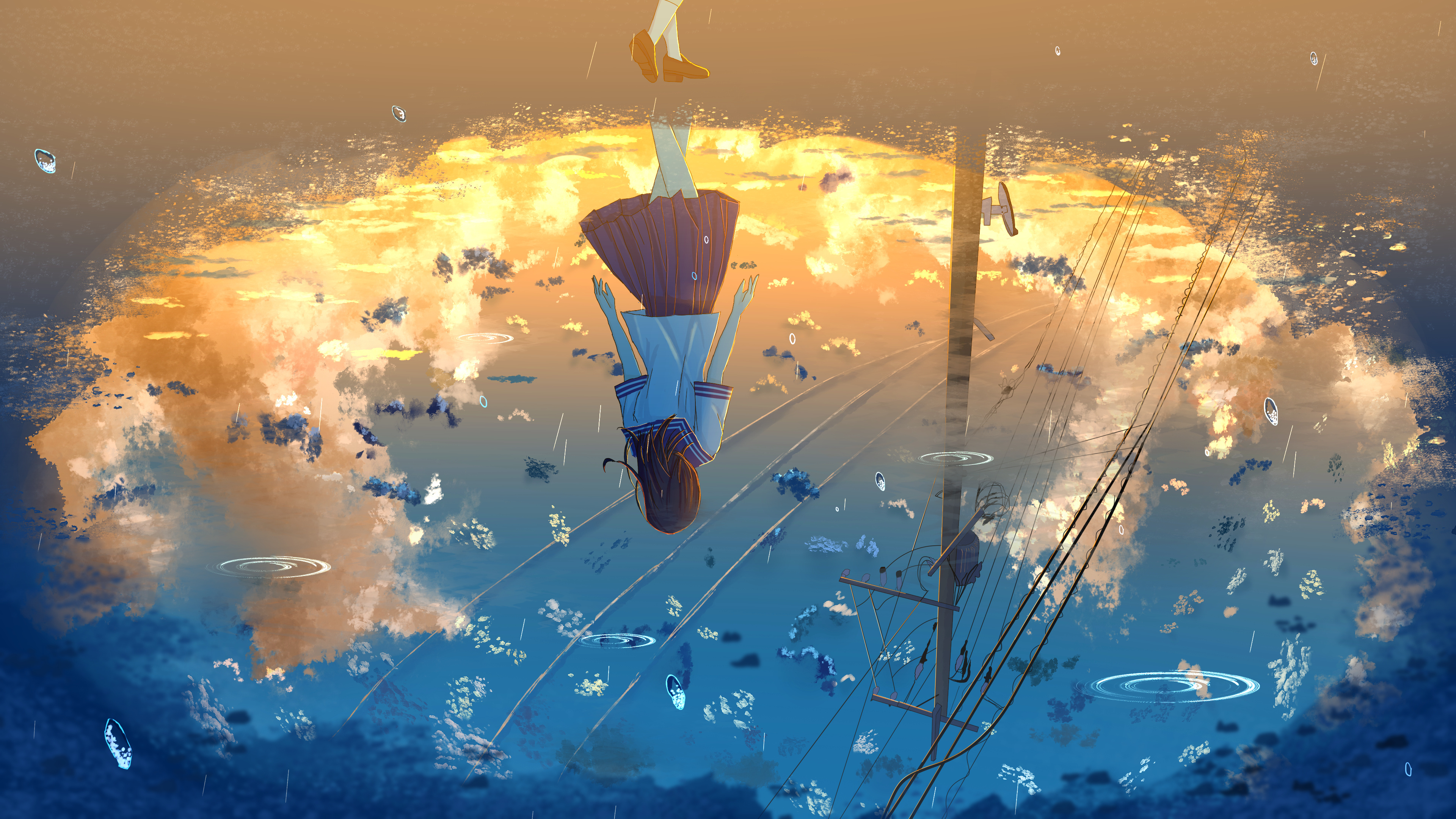 Anime Girl Reflecting In Puddle While Walking 4k Wallpaper | PixieWall