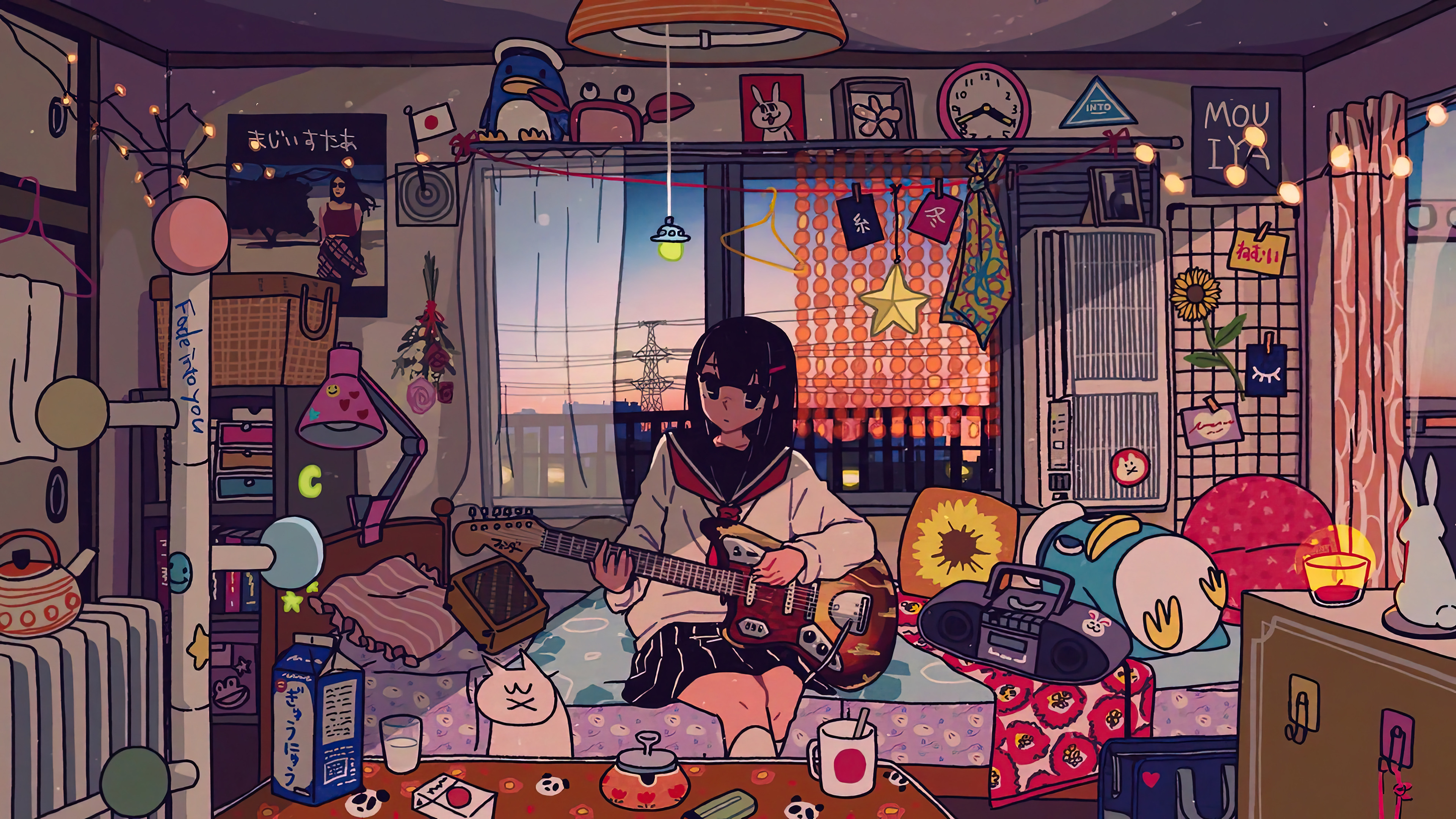 Japanese Girl Sailor Uniform Guitar Practice 4k Wallpaper | PixieWall