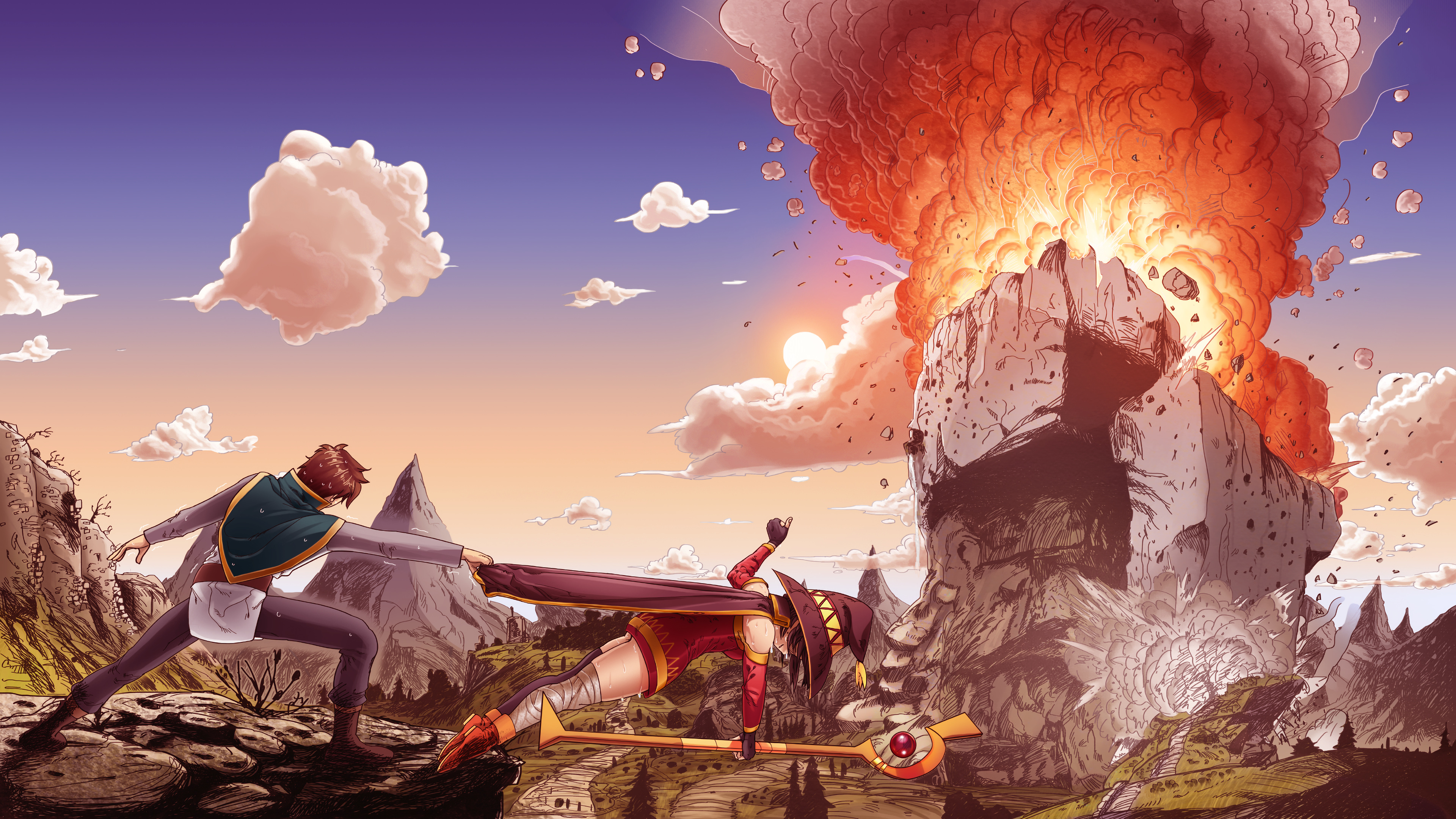 Kazuma Megumin Cliff Explosion Sunset 4k Wallpaper | PixieWall
