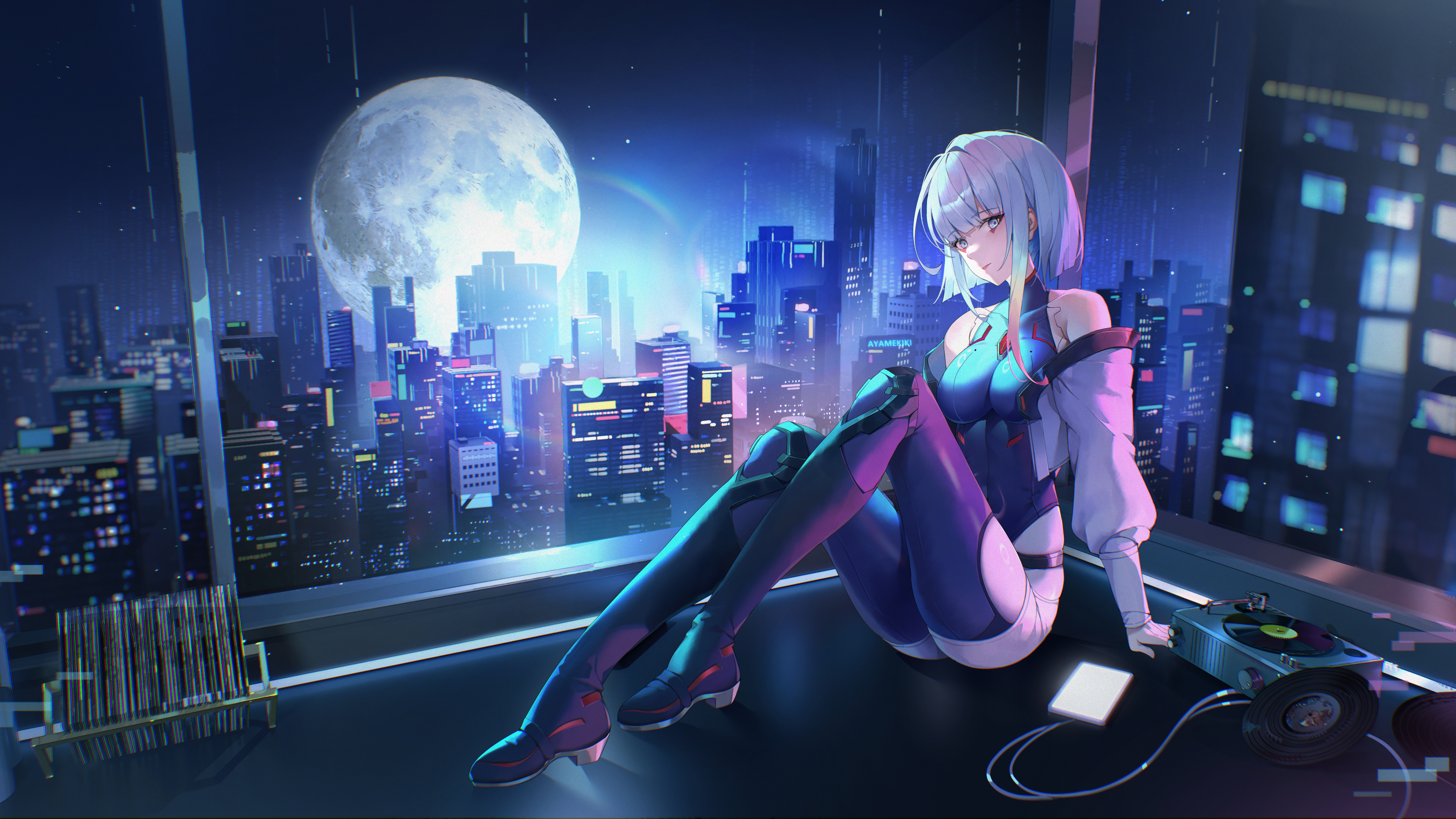 Lucy Cyberpunk Edgerunners City Moon 4K & 5K Wallpaper | PixieWall