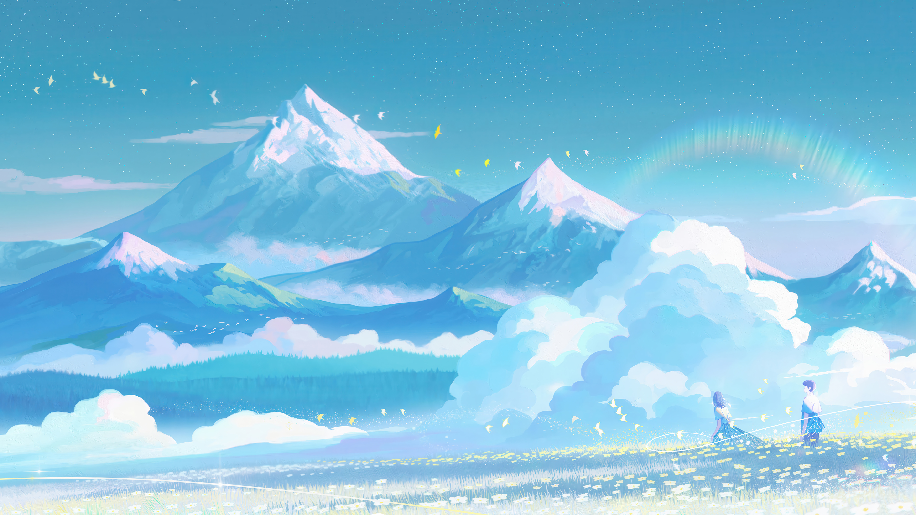Couple Walking Mountain Field Flowers 4k Wallpaper | PixieWall