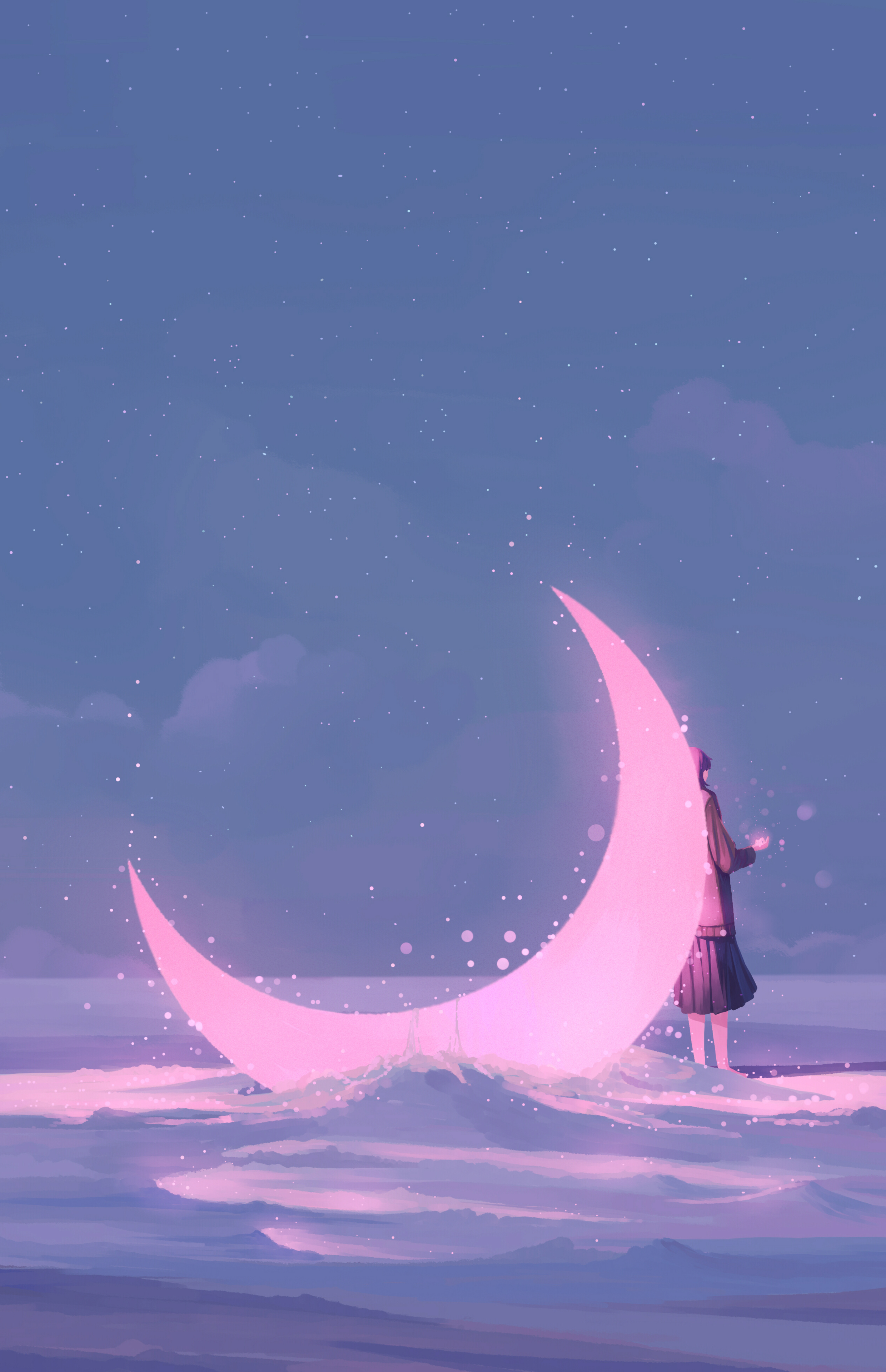 Pink Crescent Moon Ocean 4k Mobile Wallpaper | PixieWall