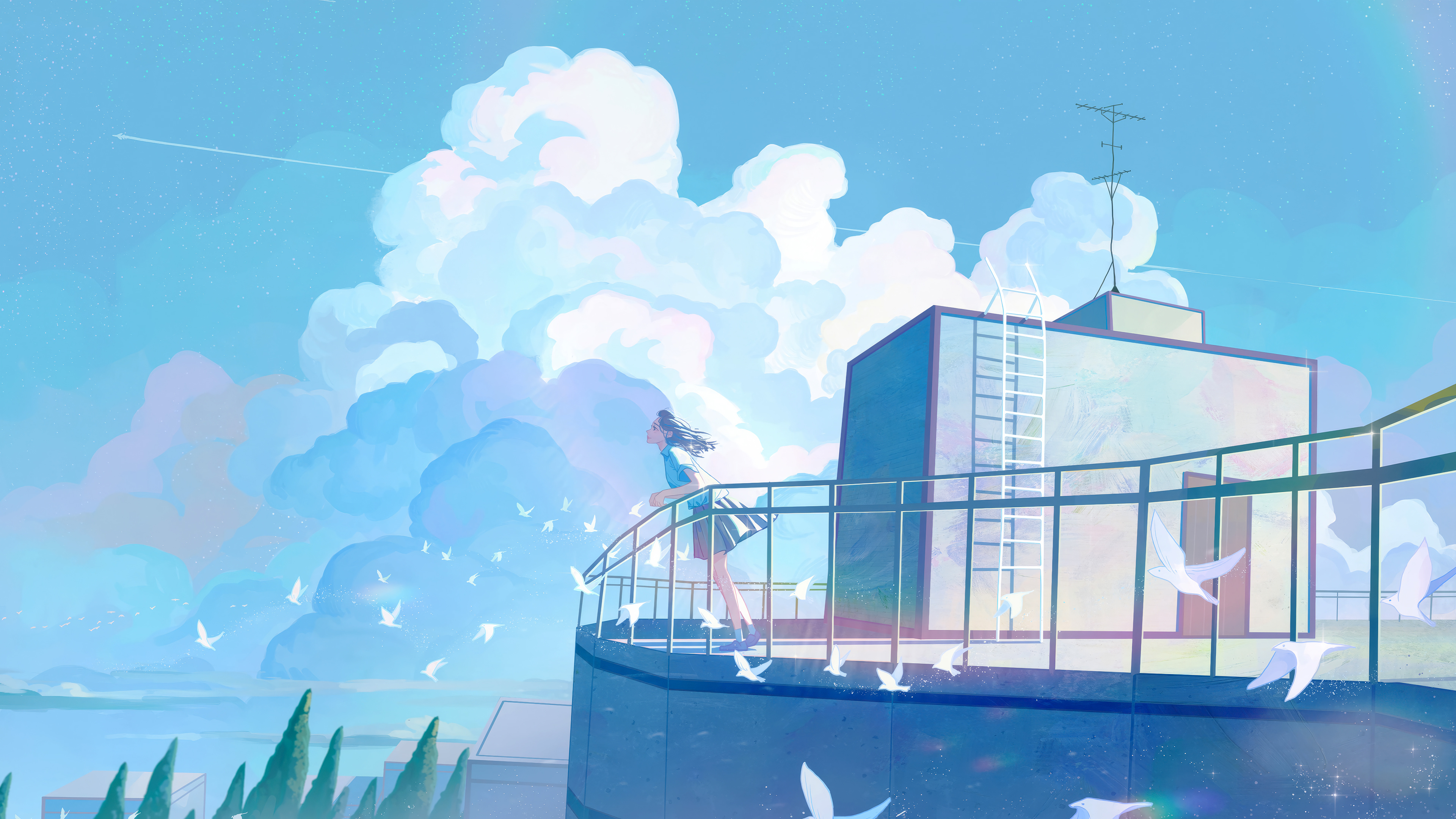 Rooftop Girl Giant Clouds Stars 4k Wallpaper | PixieWall