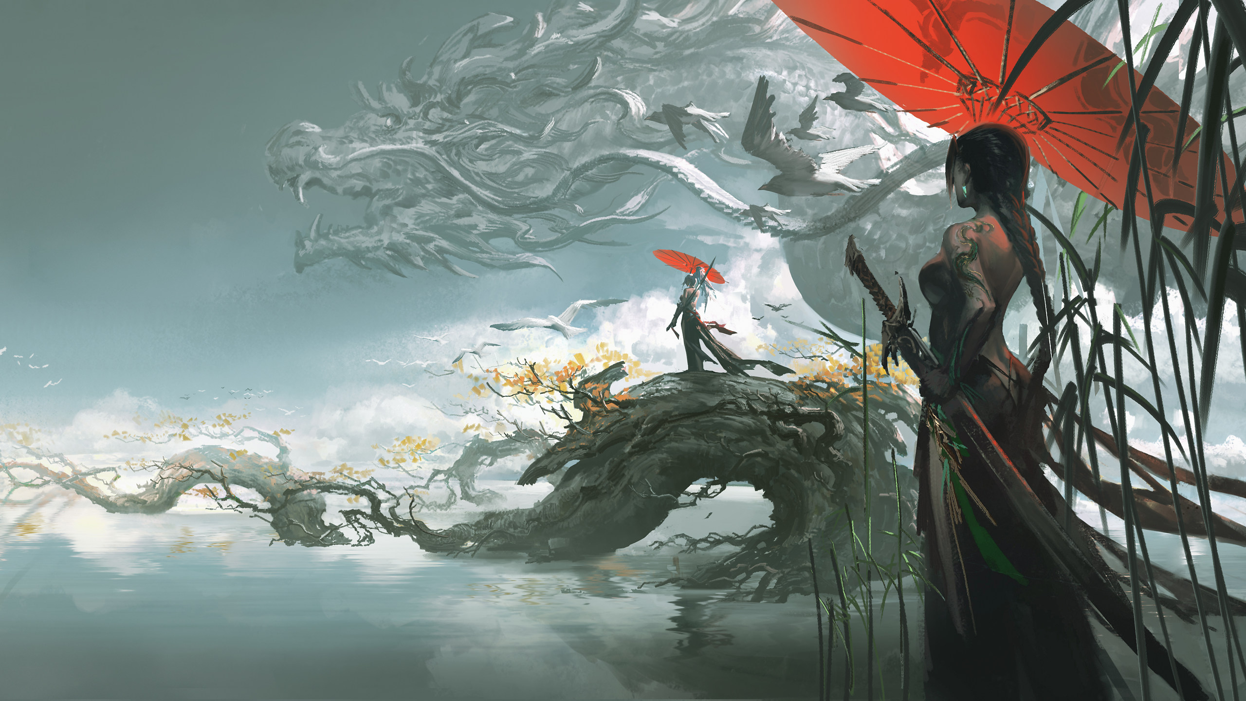 Female Warrior Chinese Dragon Artwork 4k Wallpaper | PixieWall