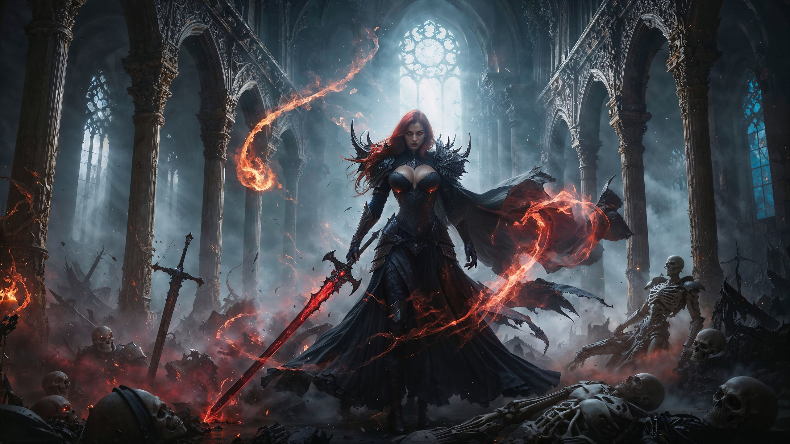 Dark Paladin Girl With Flaming Sword Temple Ai Art 4k Wallpaper