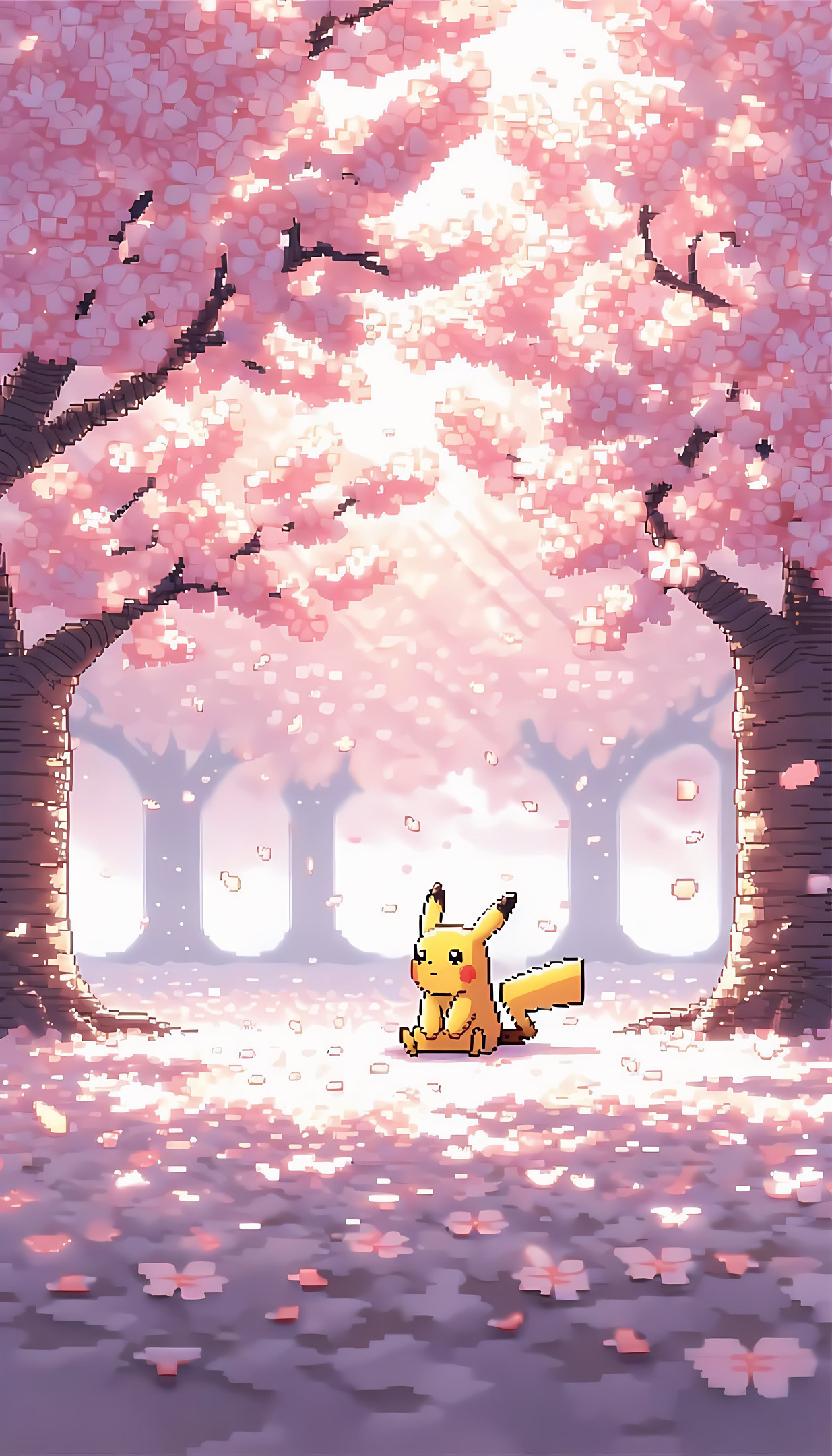 Pikachu Pokemon Cherry Blossom Pixel Art Mobile Wallpaper | PixieWall