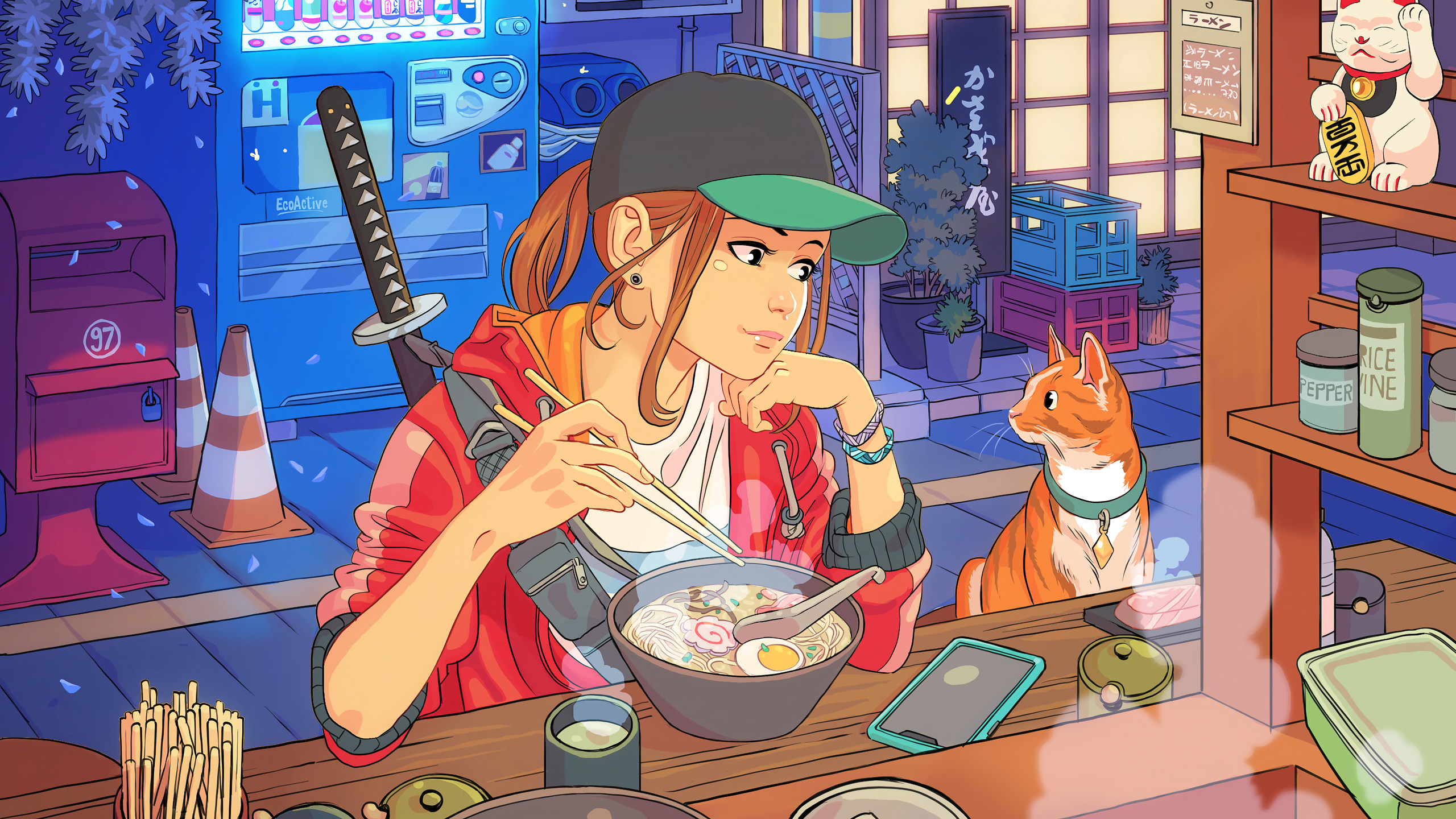 Anime Girl Eating Ramen In Japanese Restaurant 4K & 5K Wallpaper