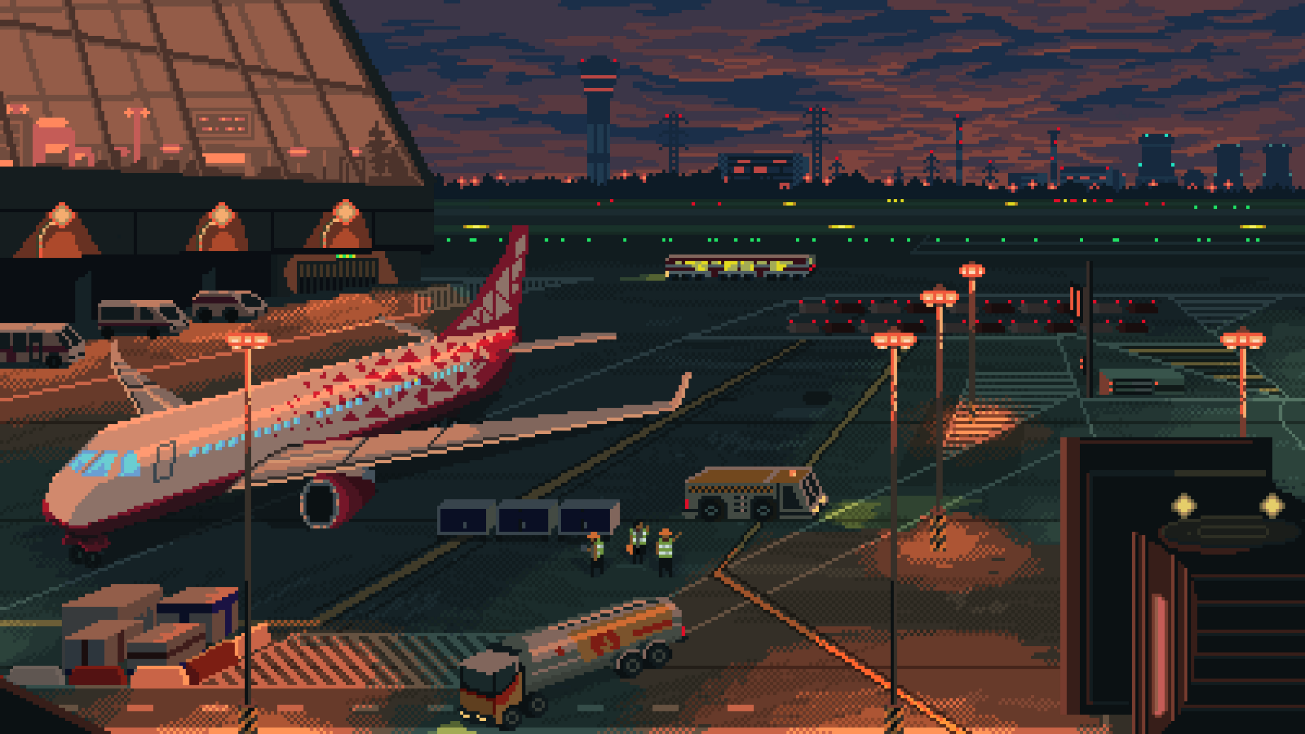 Airplane Evening Lights Pixel Art 4k Wallpaper | PixieWall