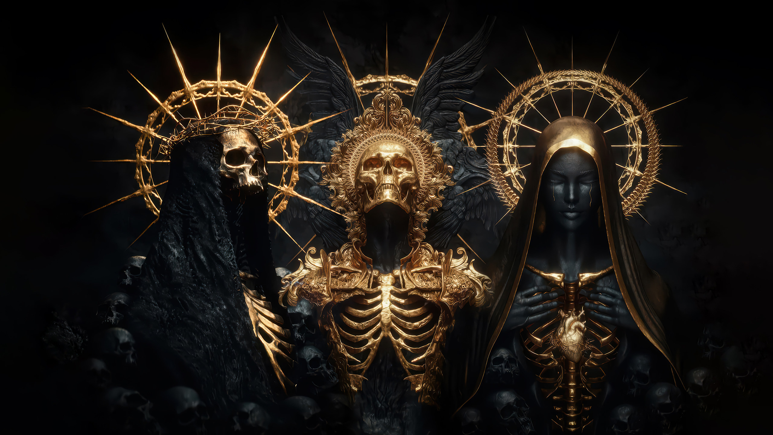 Memento Mori Skeleton Golden Armor And Halo 4k Wallpaper | PixieWall