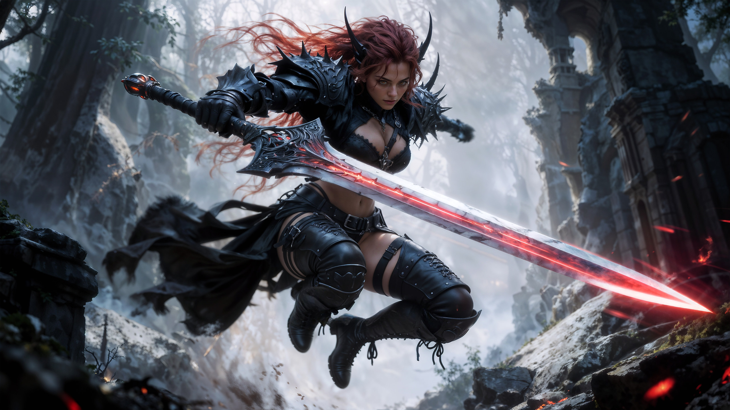 Horned Girl In Black Armor With Magic Sword 4k Wallpaper | PixieWall