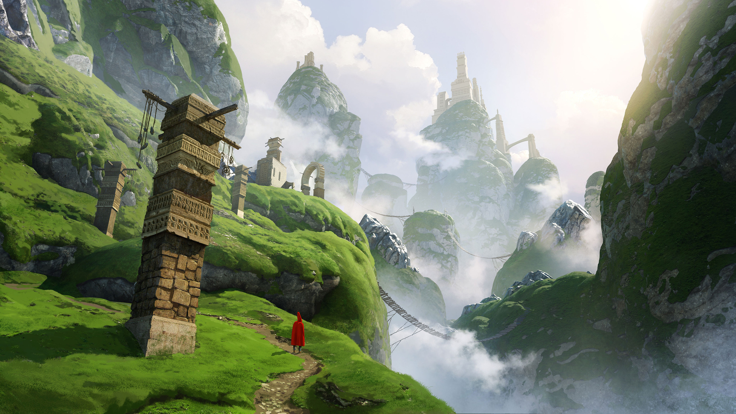 Lone Traveler Crossing Fantasy Mountain Path 4k Wallpaper | PixieWall