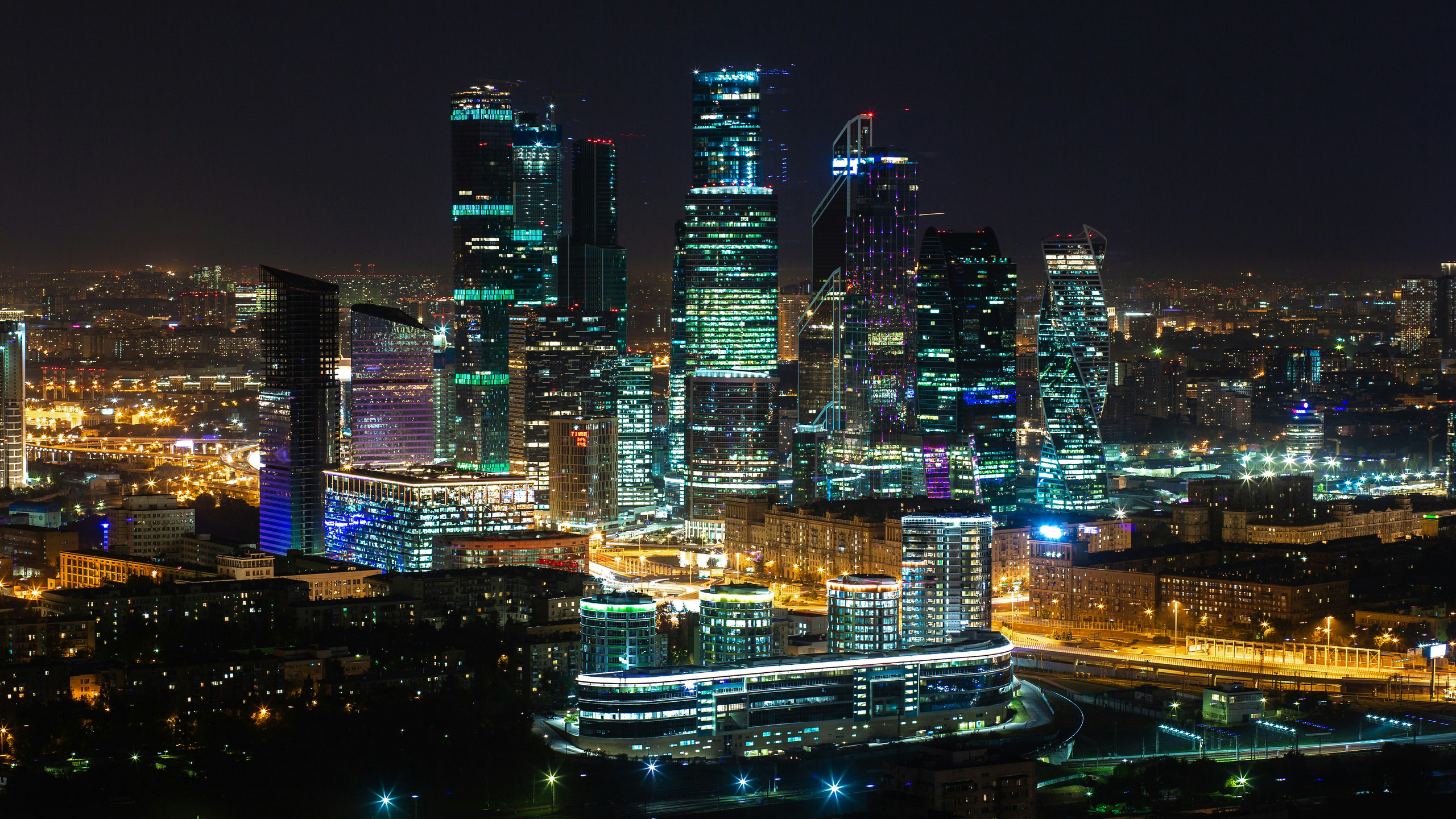 Night View Moscow City Buildings With Lights 4K & 5K Wallpaper