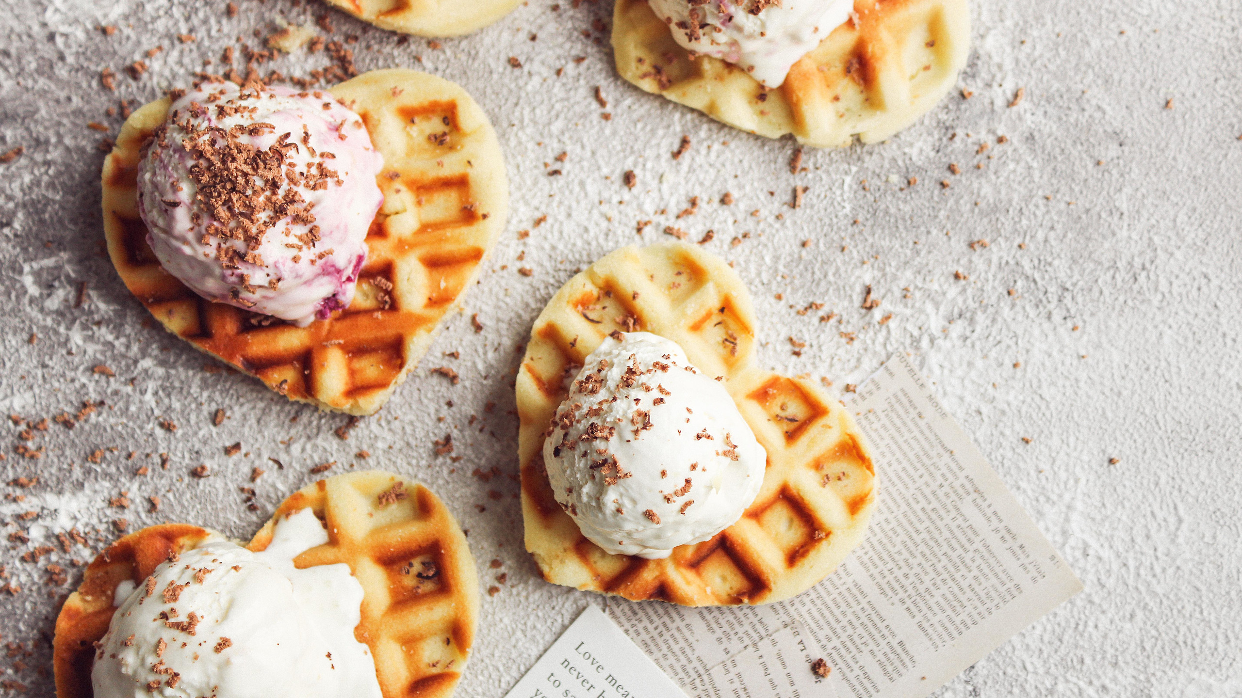 Heart Shaped Waffles With Vanilla Ice Cream 4K & 5K Wallpaper