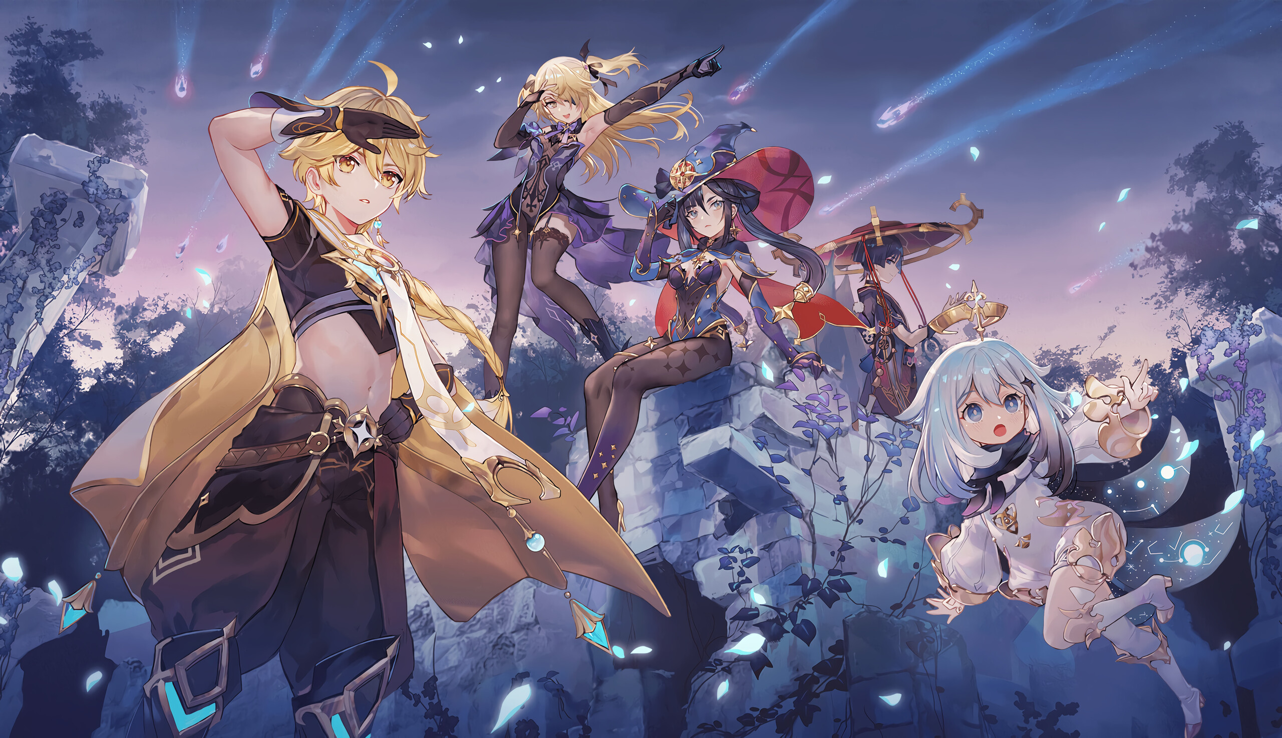 Genshin Impact Aether Fischl Paimon Mona Scaramouche Wallpaper