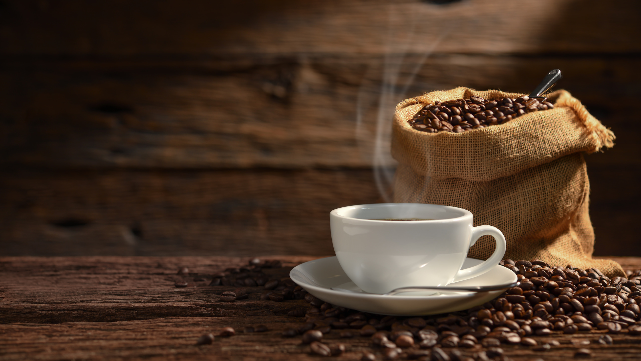 Coffee Cup And Bag Of Coffee Beans 8k Wallpaper | PixieWall