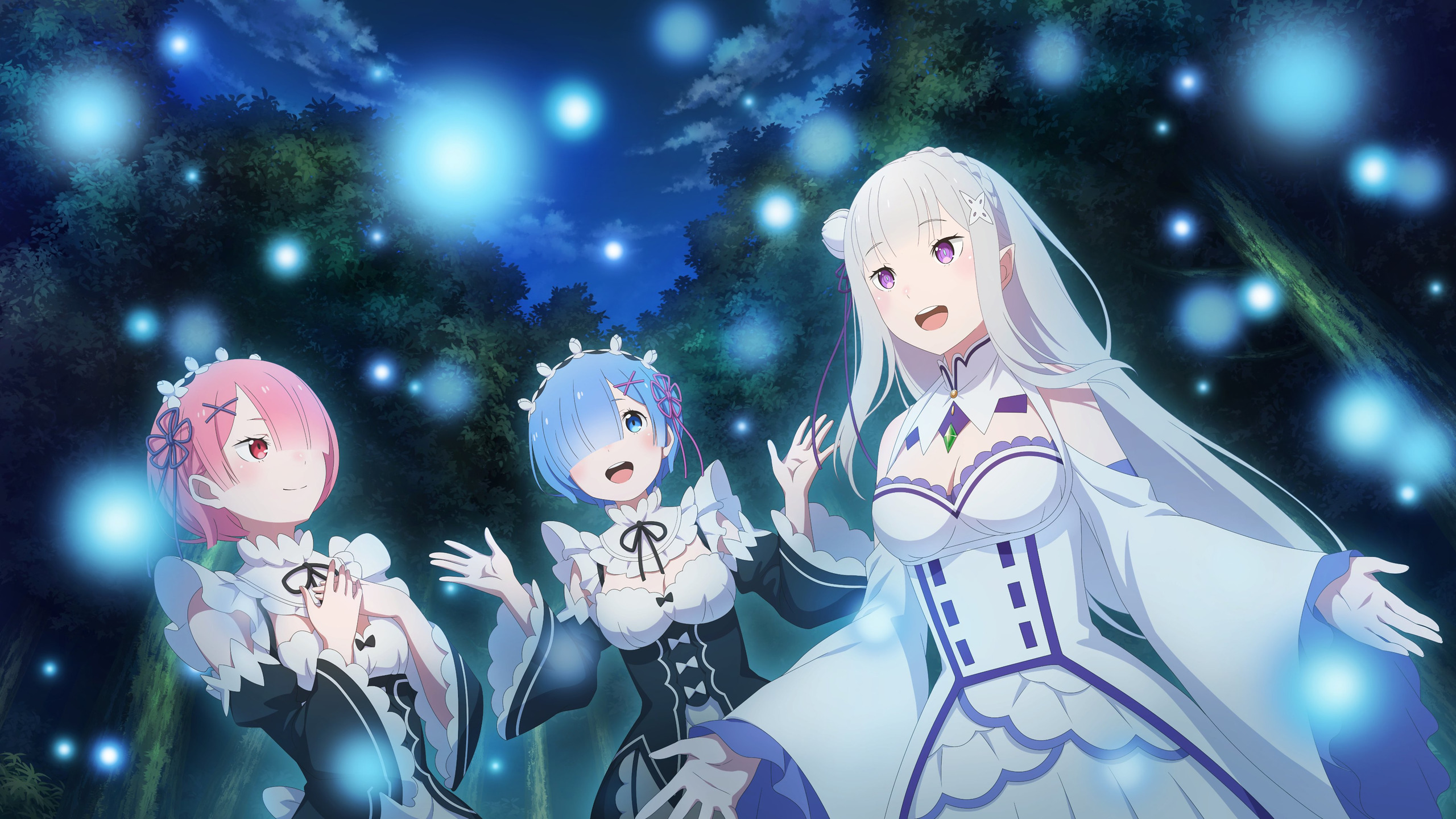 Emilia Rem Ram Re Zero Night Forest 4k Wallpaper | PixieWall