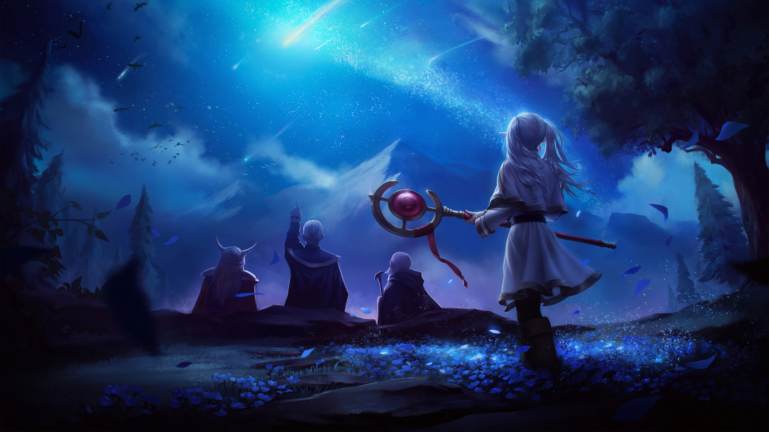 Frieren Party Meteor Shower Starry Night 4k Wallpaper | PixieWall