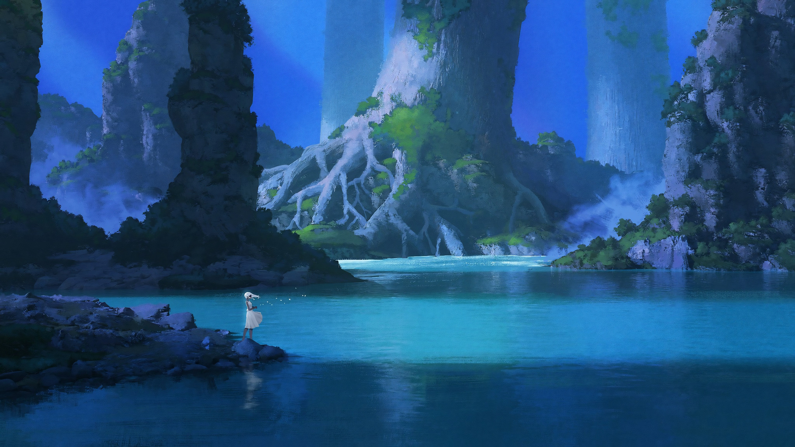 White Haired Girl Forest Blue Lake 4k Wallpaper | PixieWall