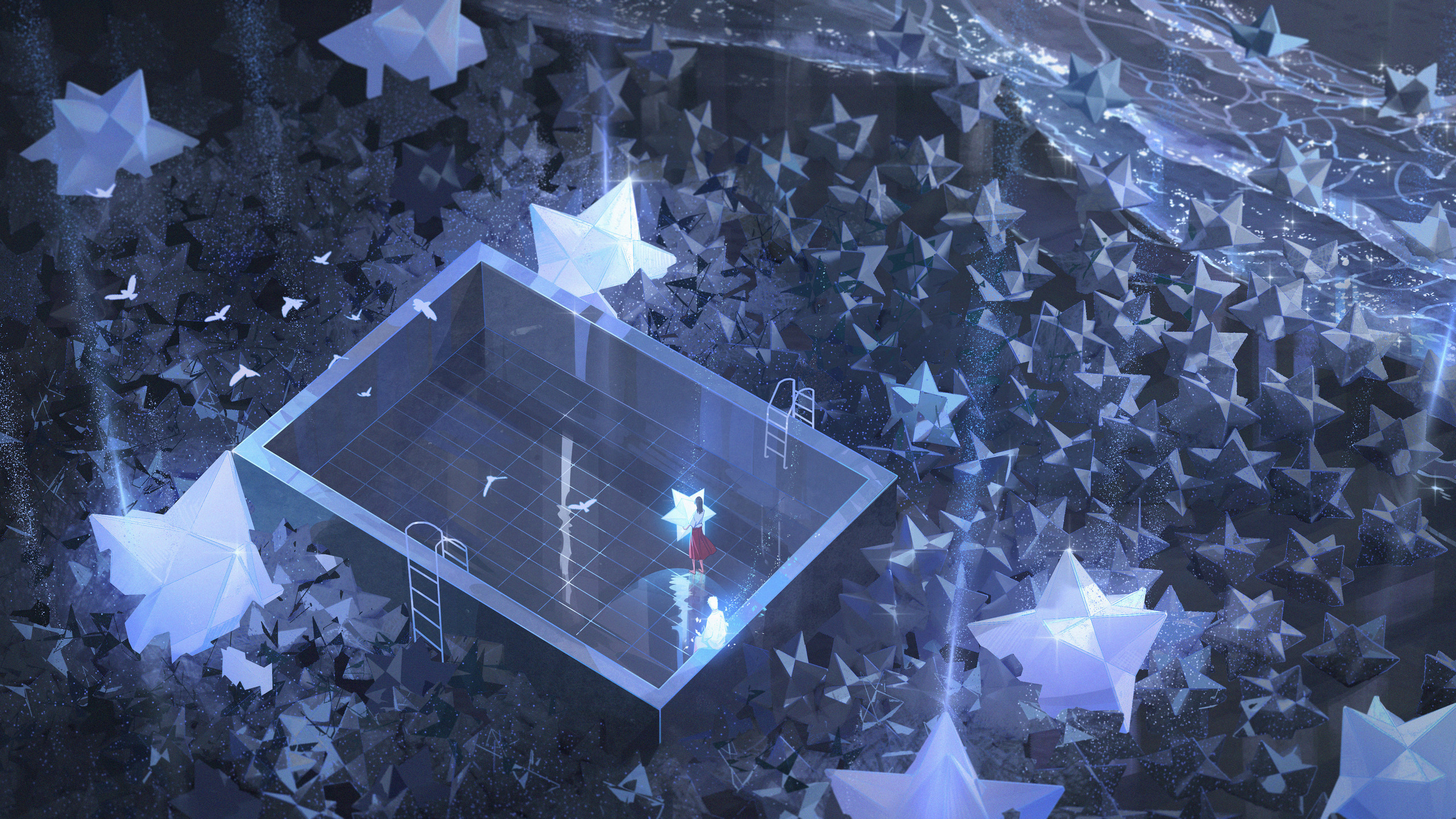 Surreal Girl Swimming Pool Shore 4k Wallpaper | PixieWall